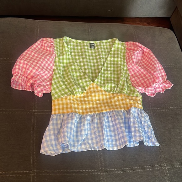 SHEIN | Tops | 325 Shein Gingham Puff Sleeve Peplum Top Nwt | Poshmark